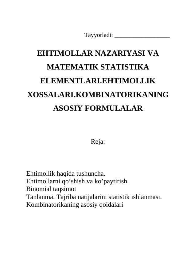 EHTIMOLLAR NAZARIYASI VA MATEMATIK STATISTIKA ELEMENTLARI.EHTIMOLLIK ...