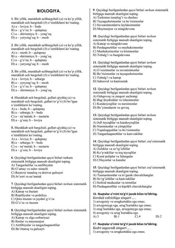 Biologiyadan 1000 ta yangi testlar