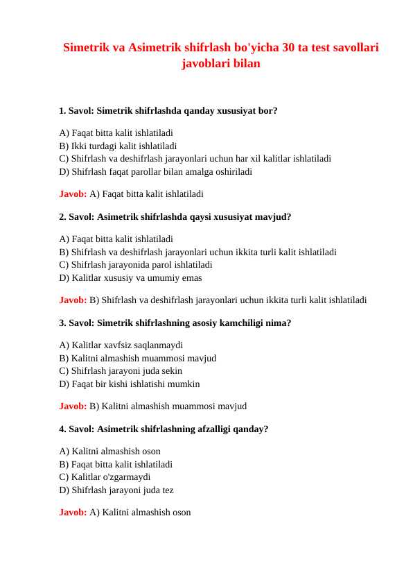 Simetrik va Asimetrik shifrlash bo'yicha 30 ta test savollari javoblari ...