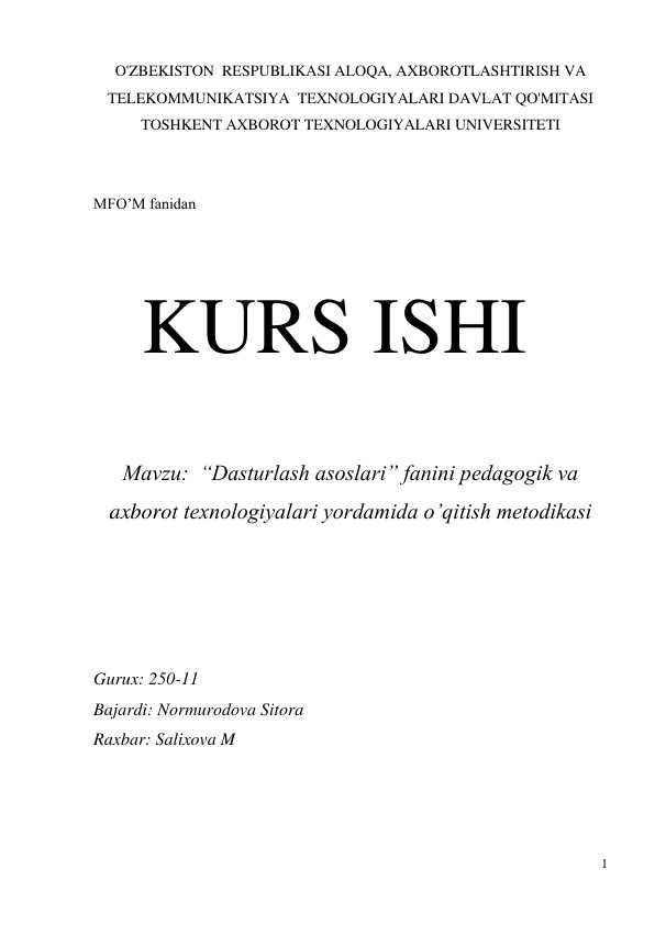 Dasturlash asoslari” fanini pedagogik va axborot texnologiyalari ...