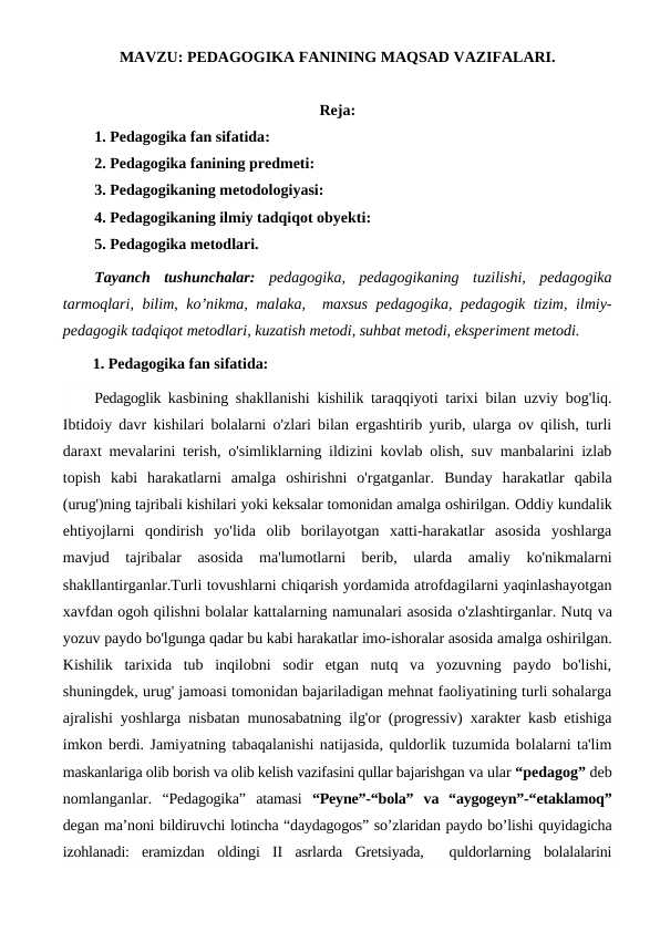 PEDAGOGIKA FANINING MAQSAD VAZIFALARI