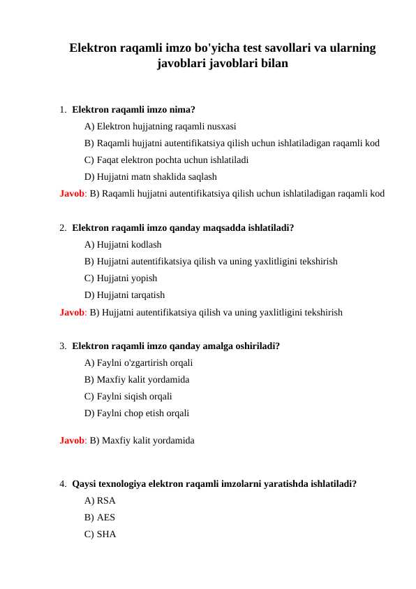 Elektron raqamli imzo bo'yicha test savollari va ularning javoblari ...