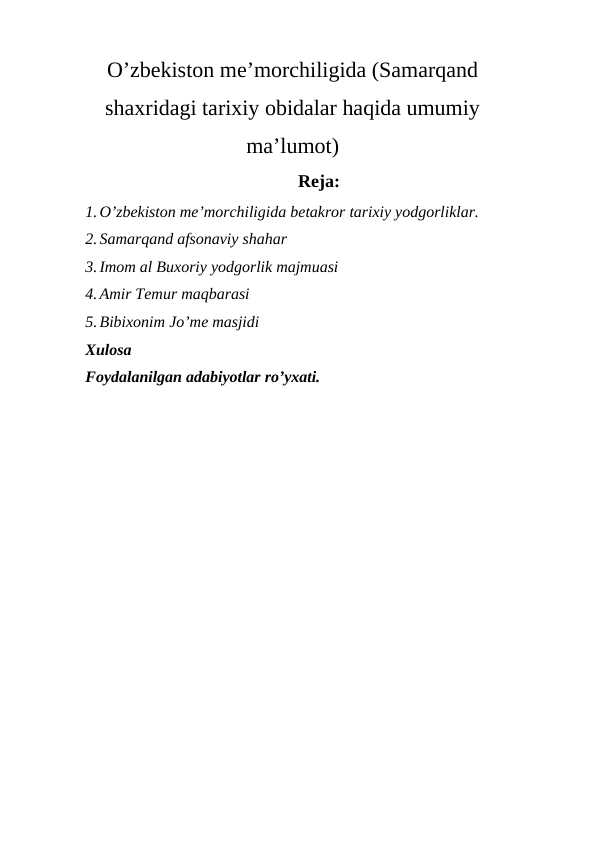O’zbekiston me’morchiligida tarixiy obidalar (Samarqand shaxridagi ...