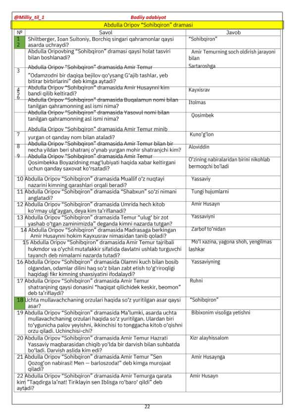 Sohibqiron drammasi savol -javobi