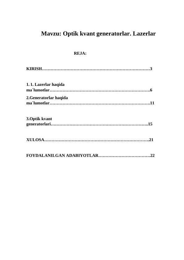Optik kvant generatorlar. Lazerlar