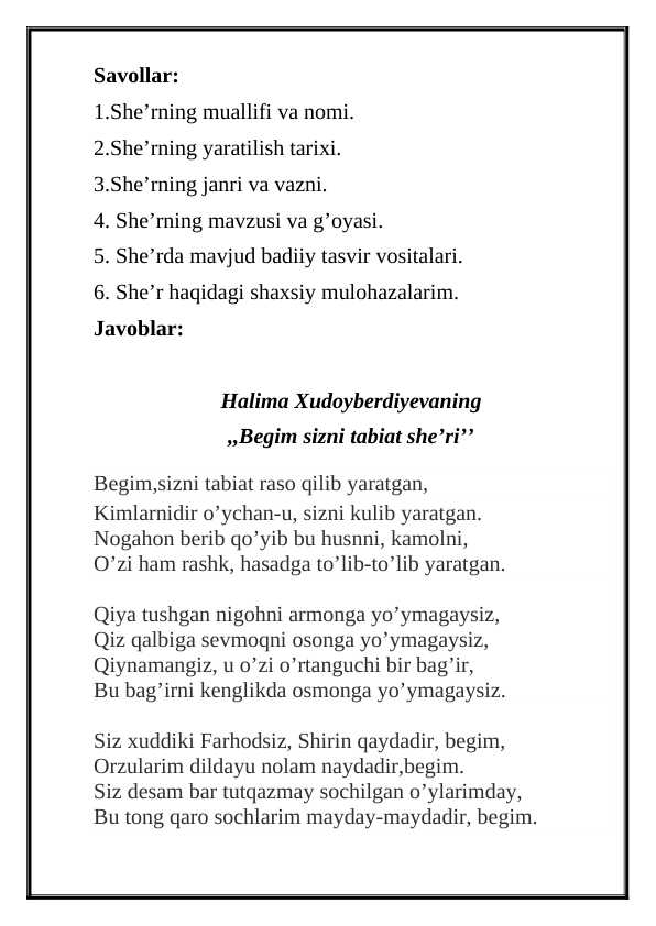 Begim sizni tabiat she’ri tahlili - Halima Xudoyberdiyeva