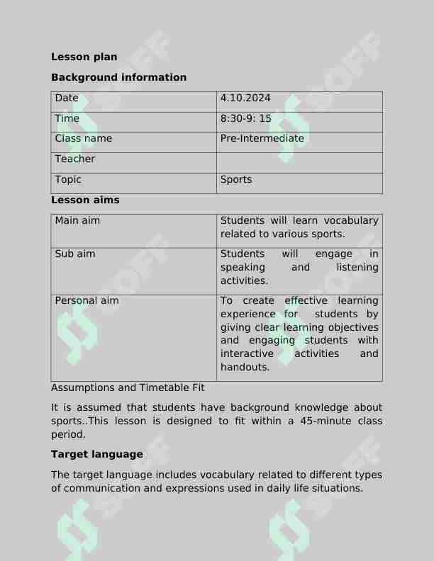 Practical lesson plan for teachers