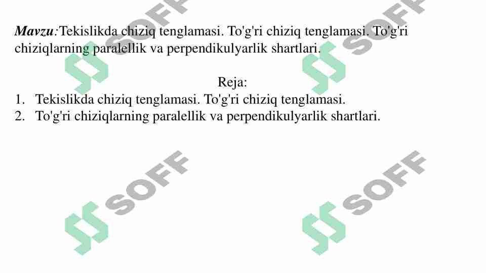Tekislikda chiziq tenglamasi. T o'g'ri chiziq tenglamasi. T o'g'ri ...