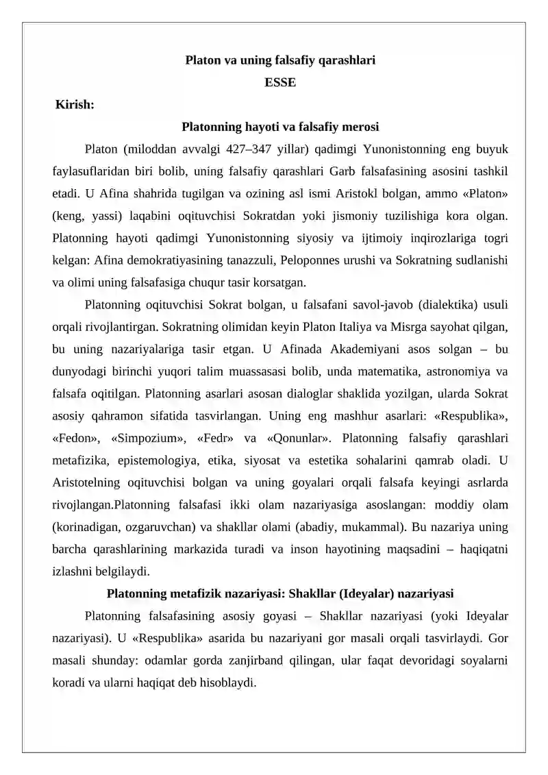 Platon va uning falsafiy qarashlari