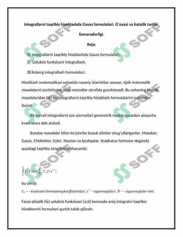 Integrallarni taqribiy hisoblashda Gauss formulalari. G‘oyasi va ...