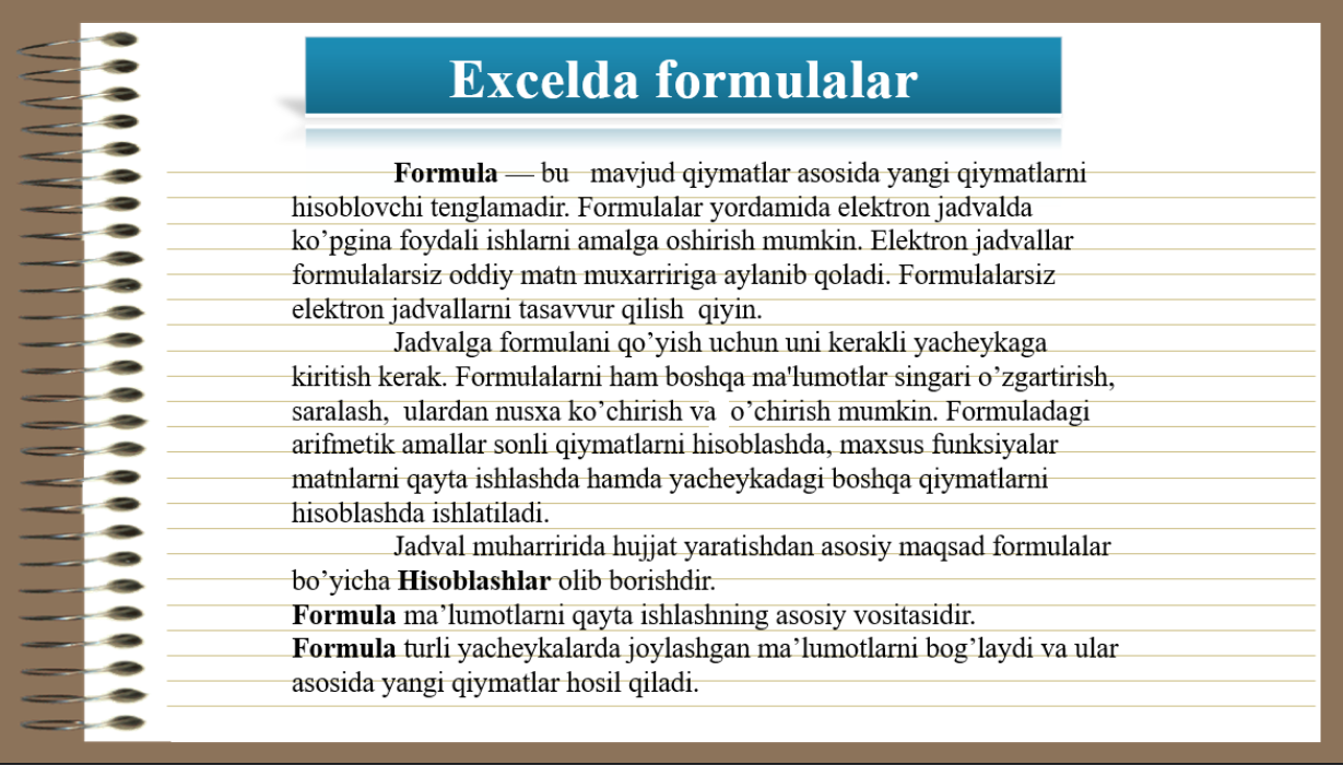 EXCELDA FORMULS VA FUNKSIYALARI BILAN ISHLASH, DIAGRAMA YARATISH