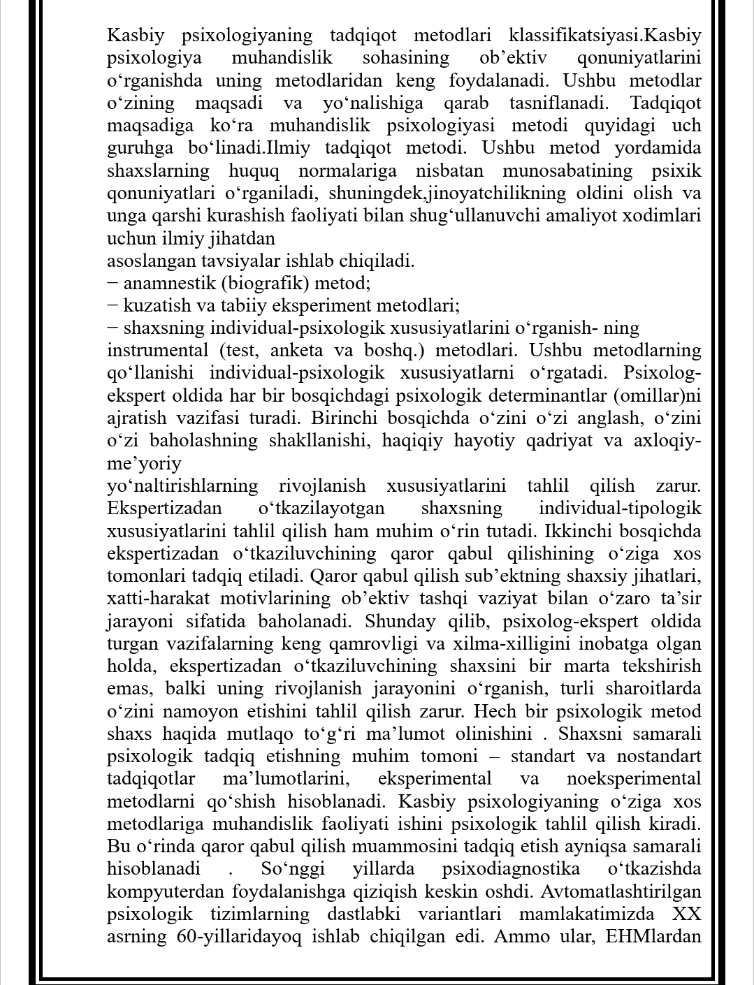 MUHANDISLIK PSIXOLOGIYASINING KLASSIFIKATSIYASI, METODLARNI QO’LLASH ...