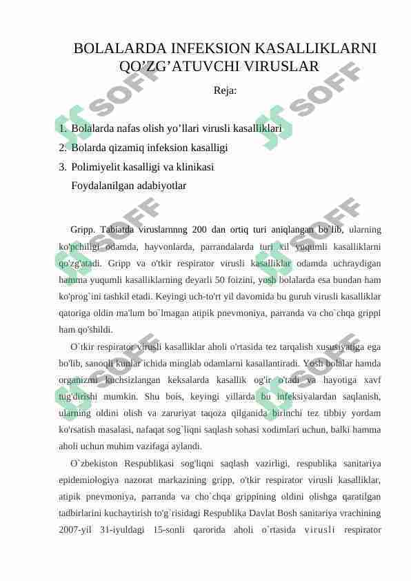 BOLALARDA INFEKSION KASALLIKLARNI QO’ZG’ATUVCHI VIRUSLAR
