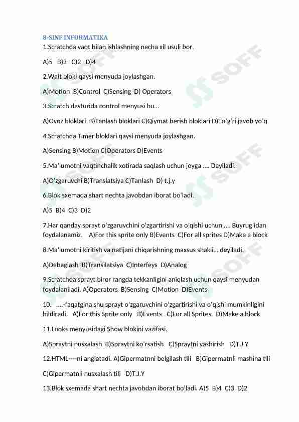 8-sinf informatika testlar