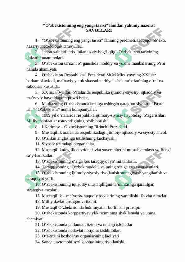 O'zbekistonning eng yangi tarixi fanidan 90 ta savol