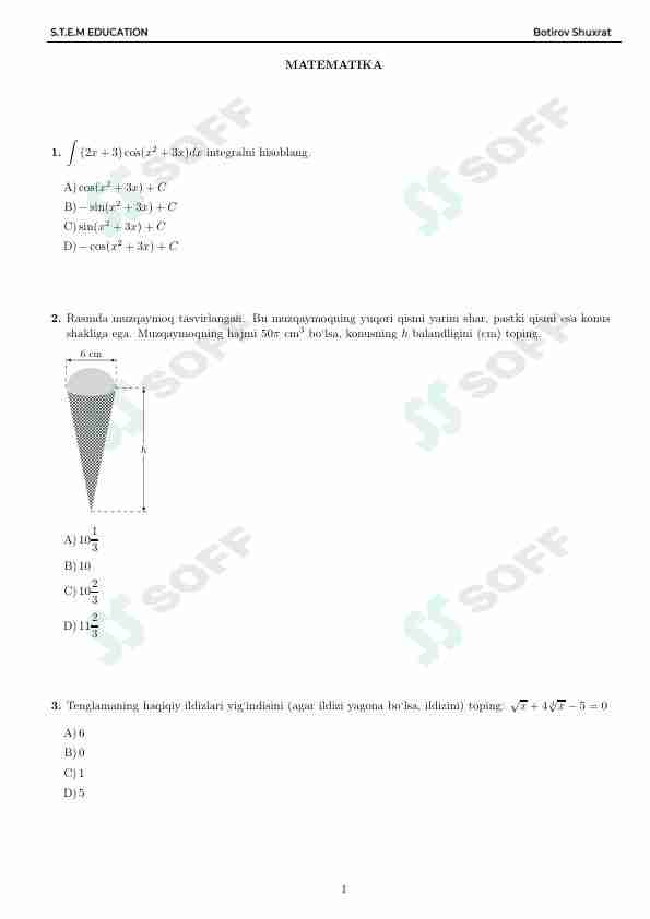 Matematika DTM testi ( Testlar DTM standartida. To'gri kaliti ham bor)