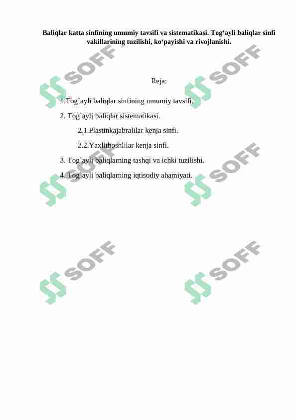 Baliqlar katta sinfining umumiy tavsifi va sistematikasi. Tog'ayli ...