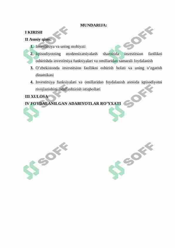 investitsiya funksiyasi va omillari