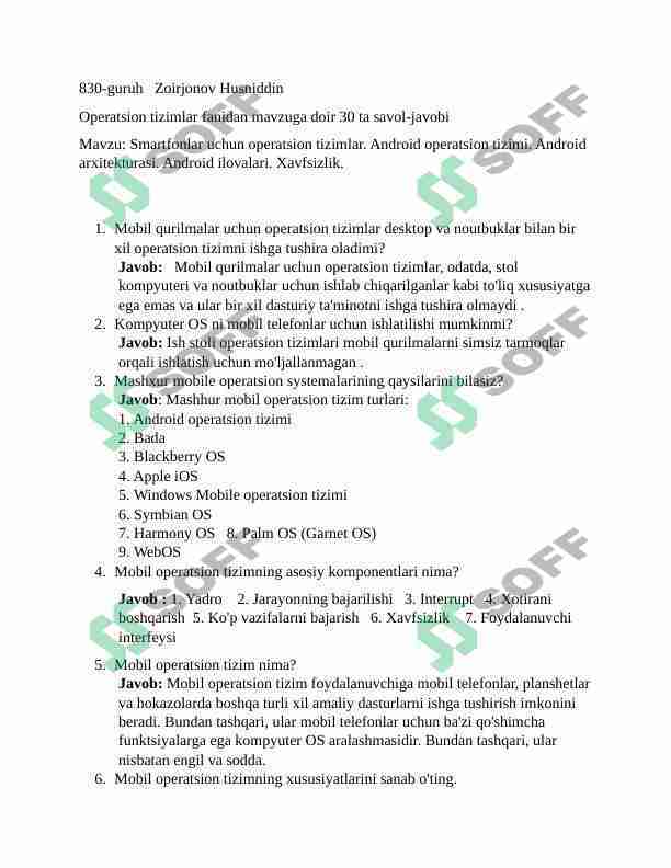 Mobil Operatsion tizimlari haqida savol javoblar