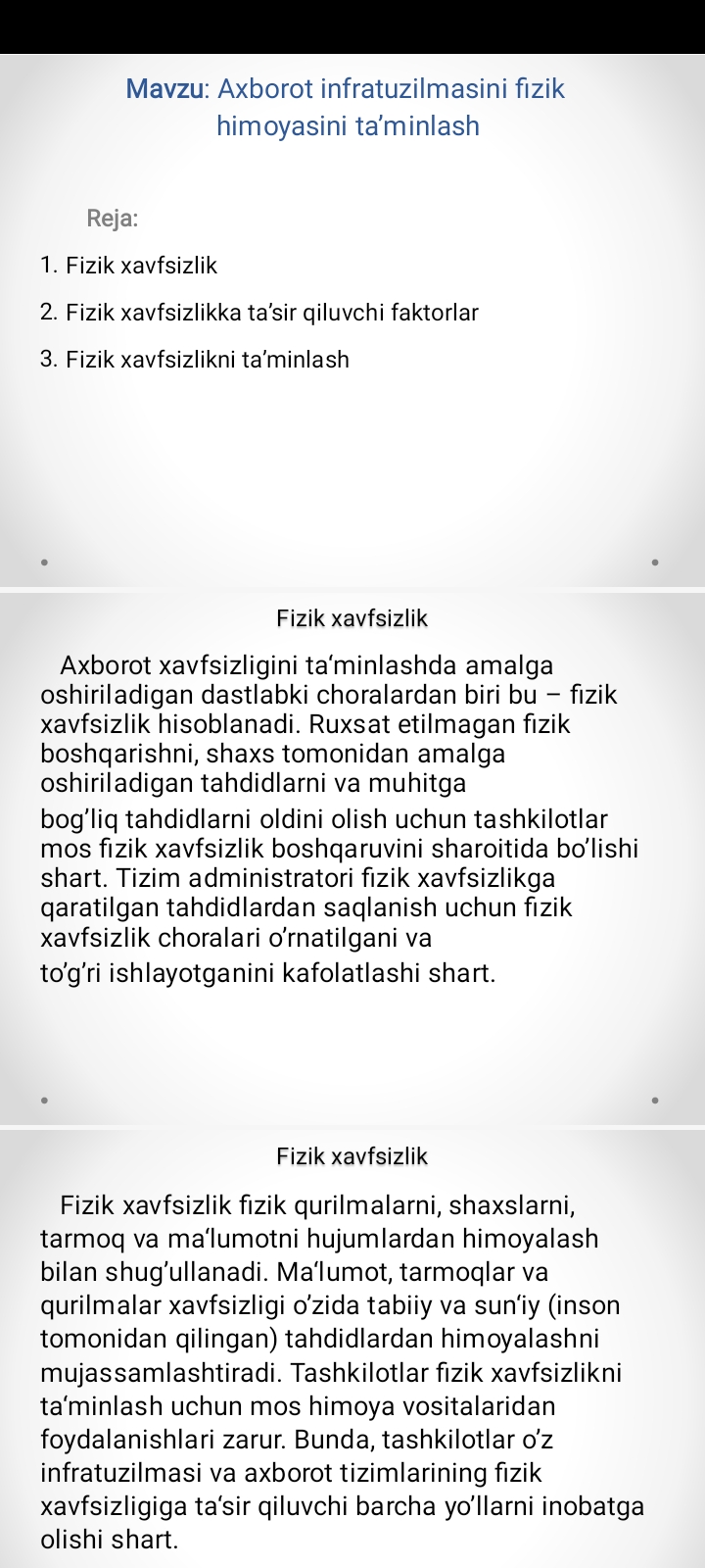 Axborot infratuzilmasini fizik himoyasini ta’minlash