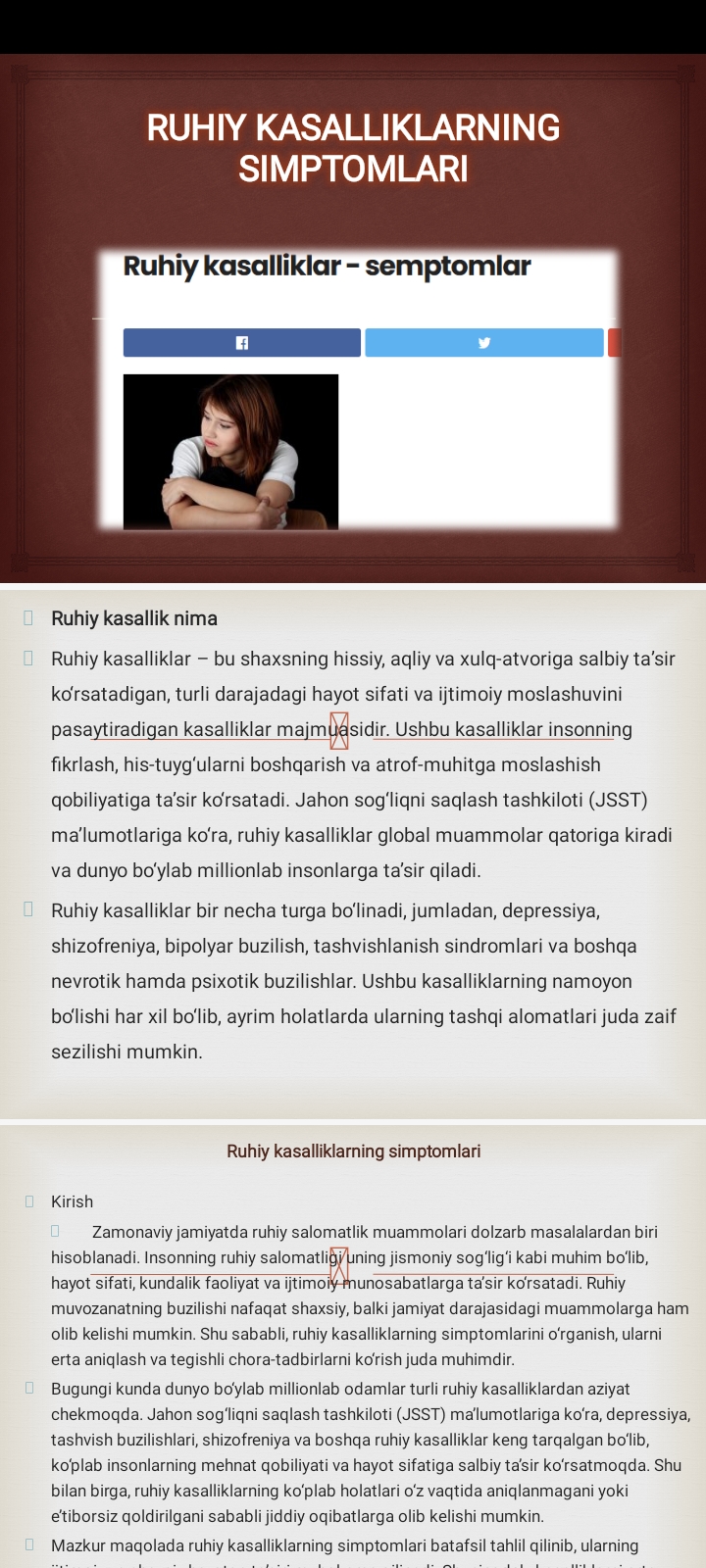 Ruhiy Kasalliklarning Simptomlari