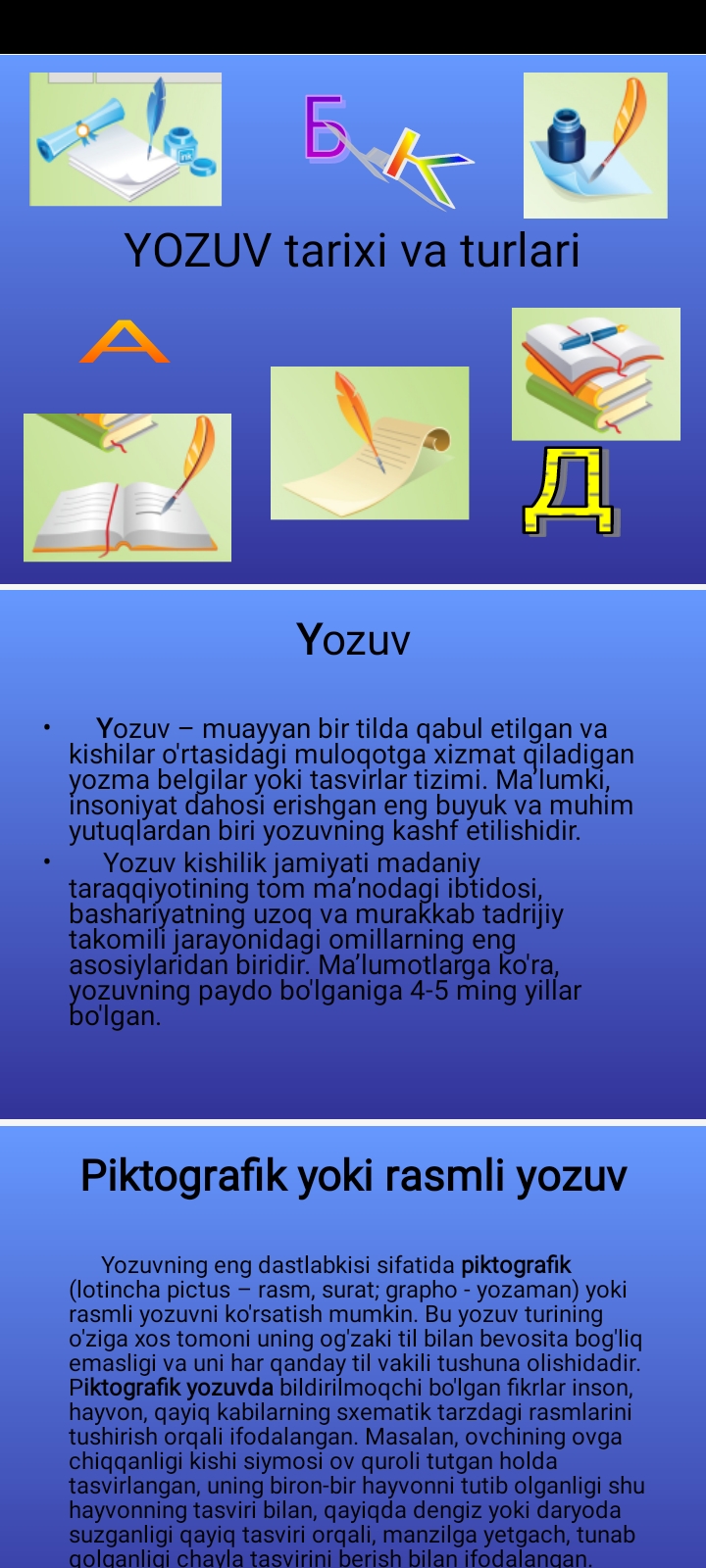 YOZUV tarixi va turlari