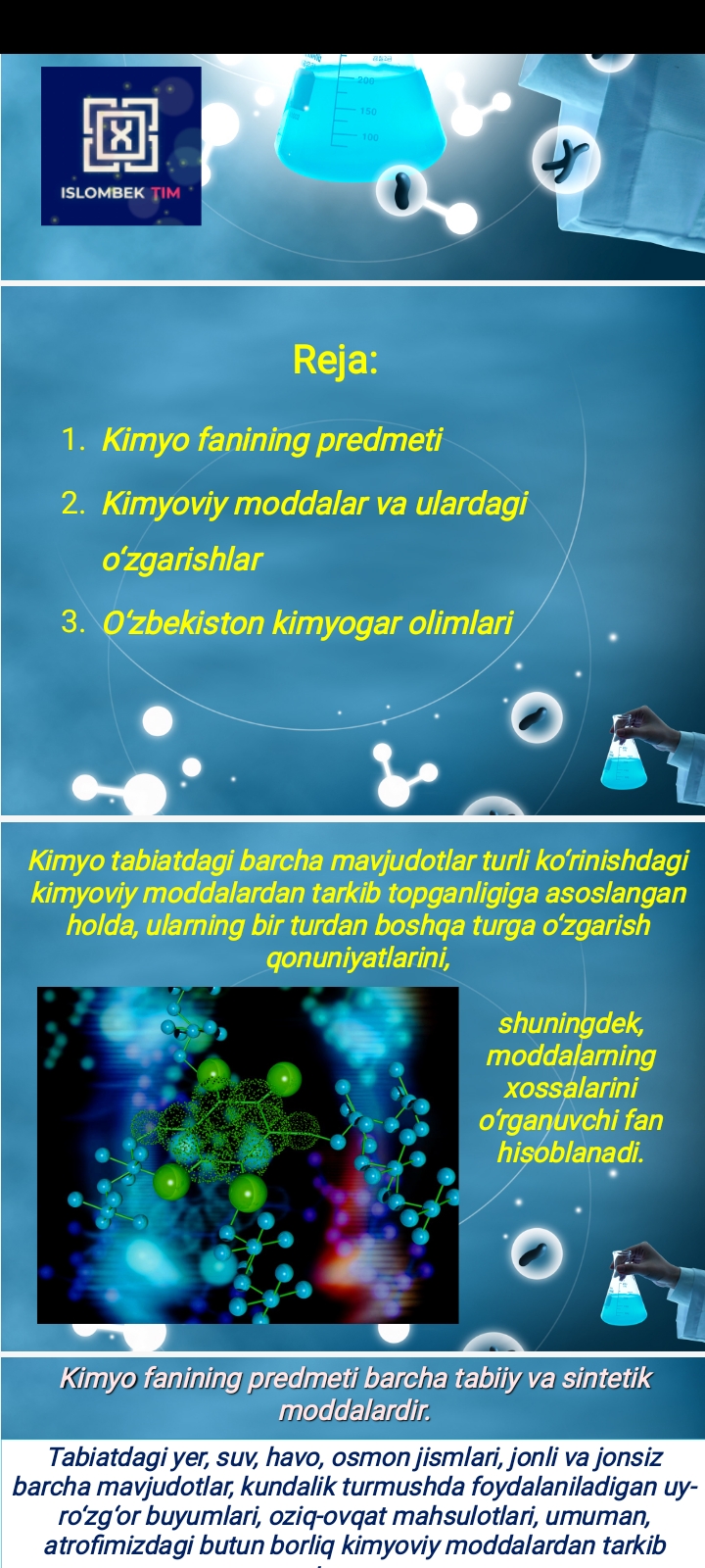 Kimyo fani va uning vazifalari fan sifatida rivojlanish tarixi