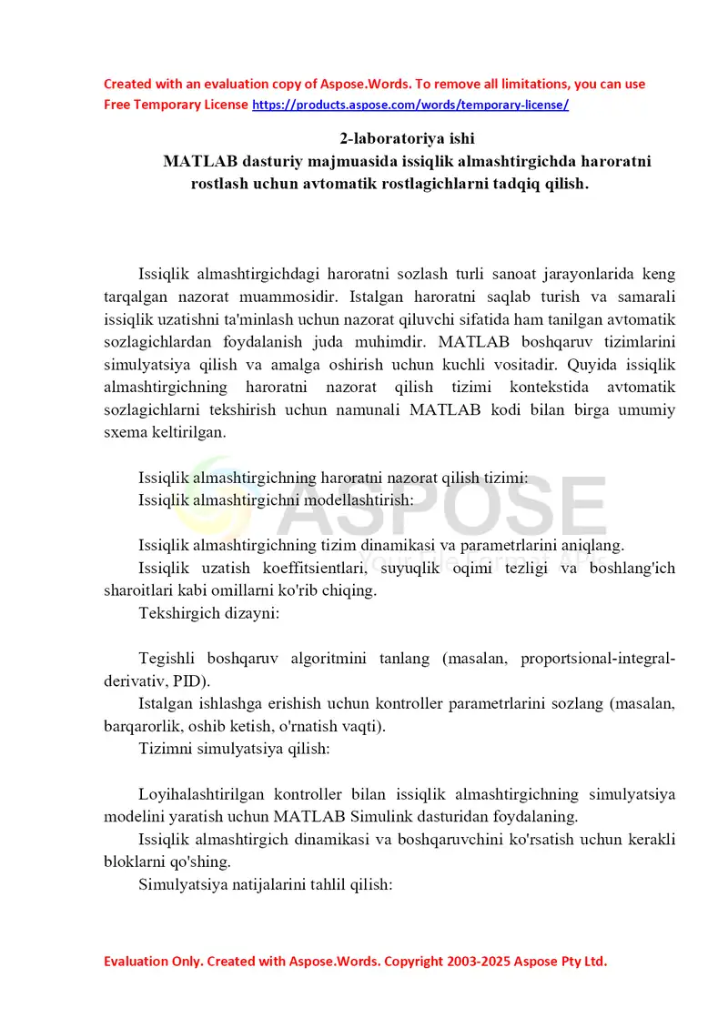 Heat Exchanger Temperature Control MATLAB Simulink modeli