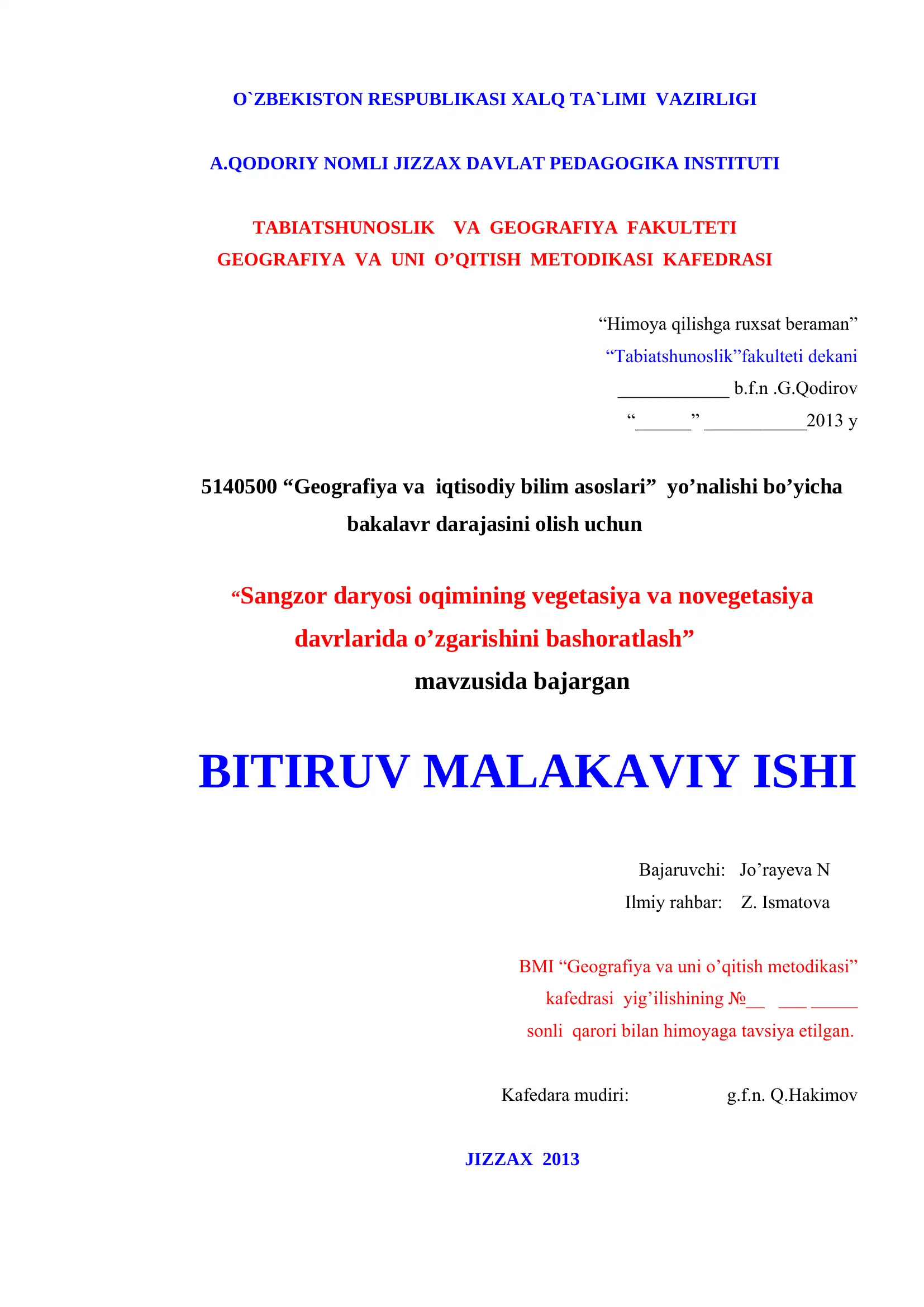 Sangzor daryosi oqimining vegetasiya va novegetasiya davrlarida o ...