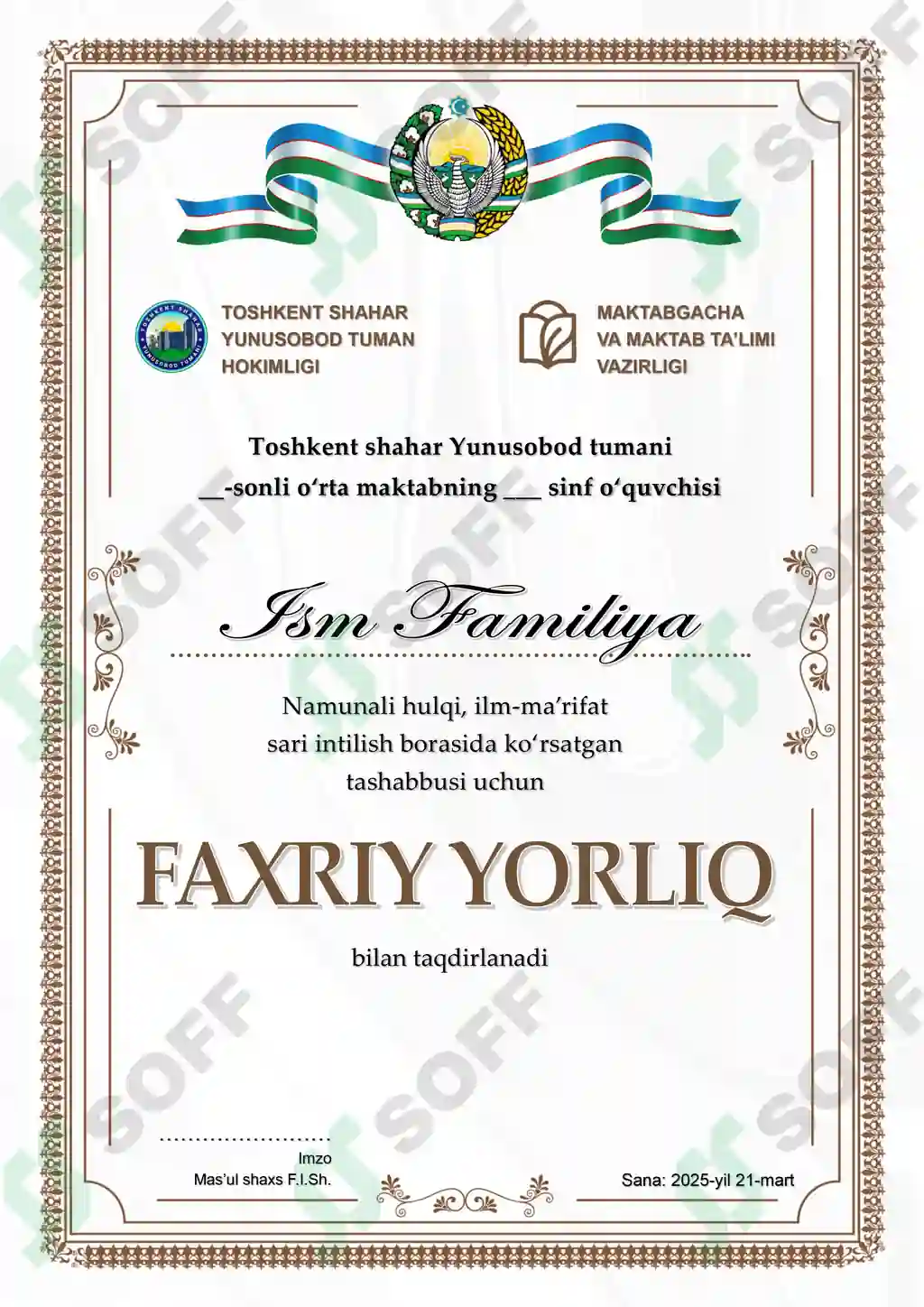 Faxriy yorliq shablon Word