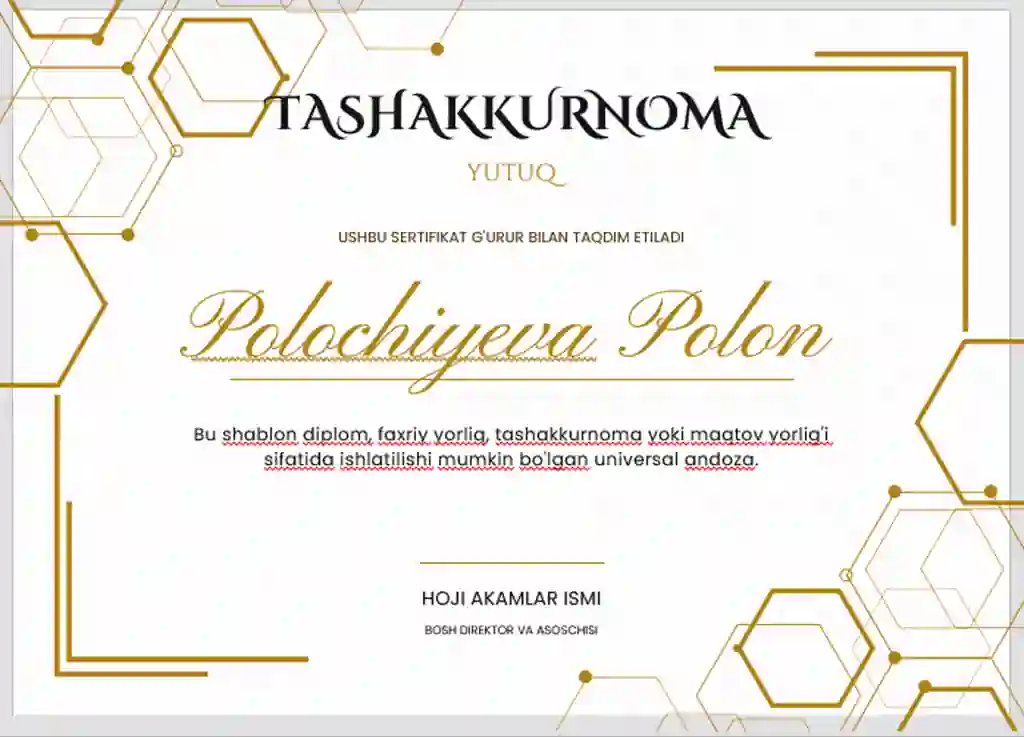 TASHAKKURNOMA shablon tayyor andoza