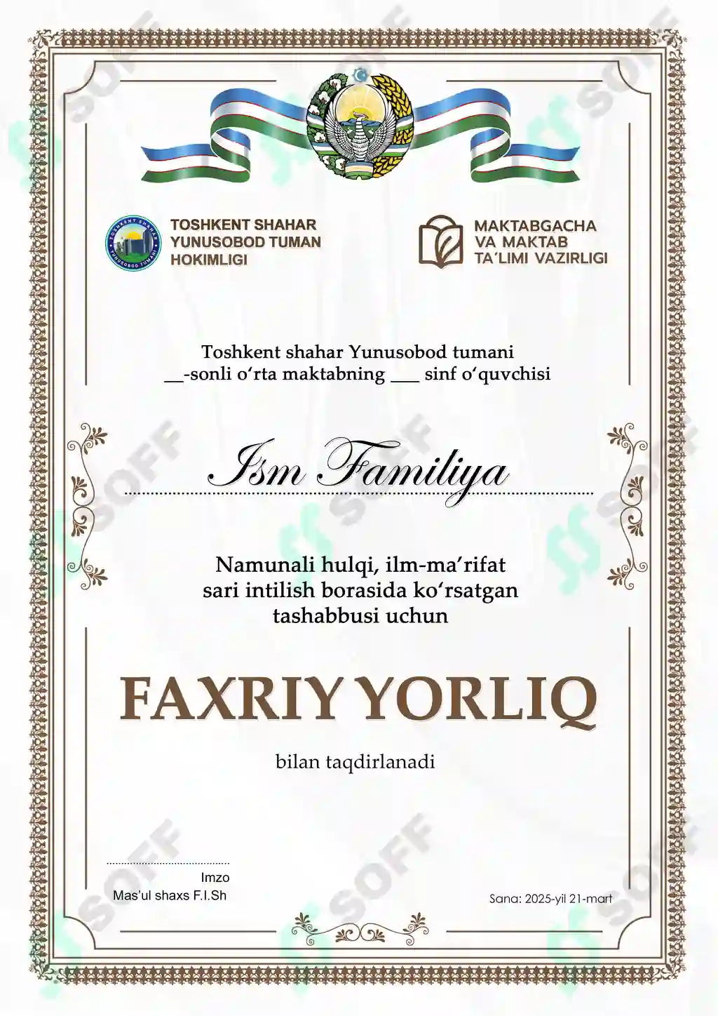 Faxriy yorliq shablon