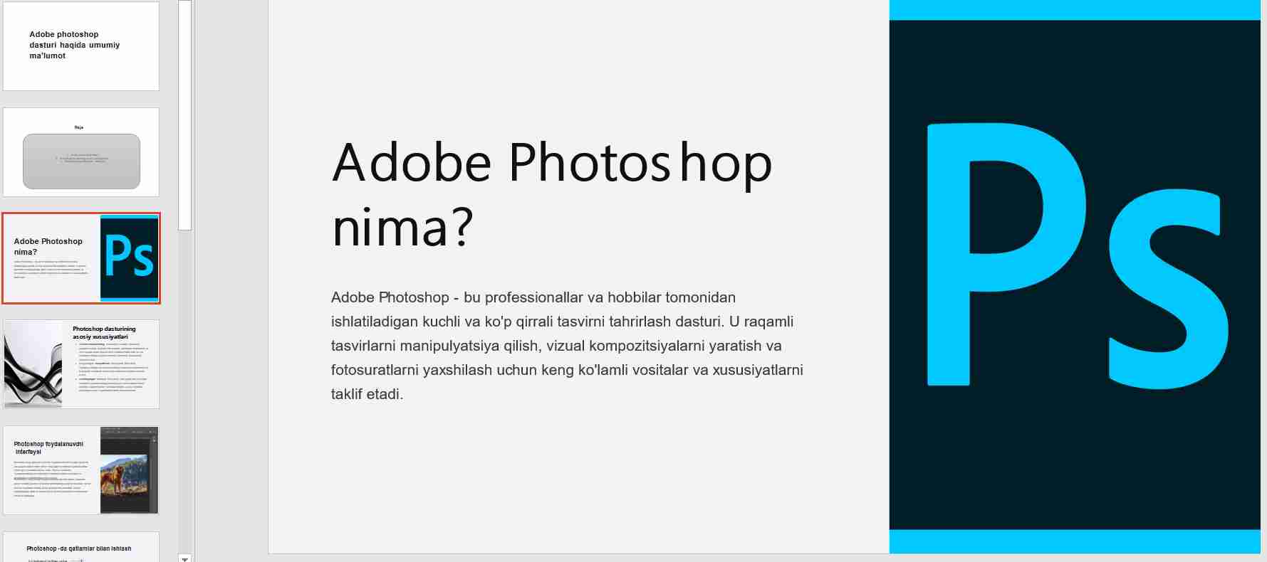 Adobe photoshop dasturi haqida umumiy ma’lumot