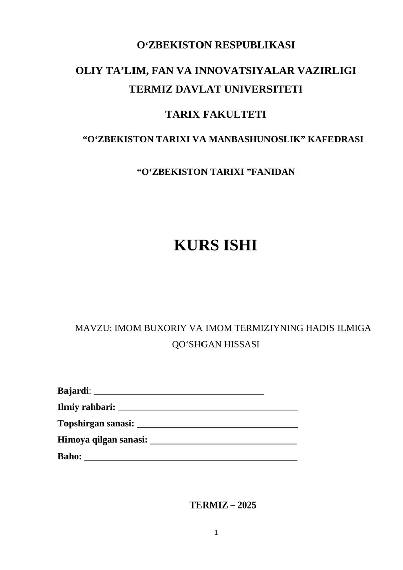 IMOM BUXORIY VA IMOM TERMIZIYNING HADIS ILMIGA QOʻSHGAN HISSASI