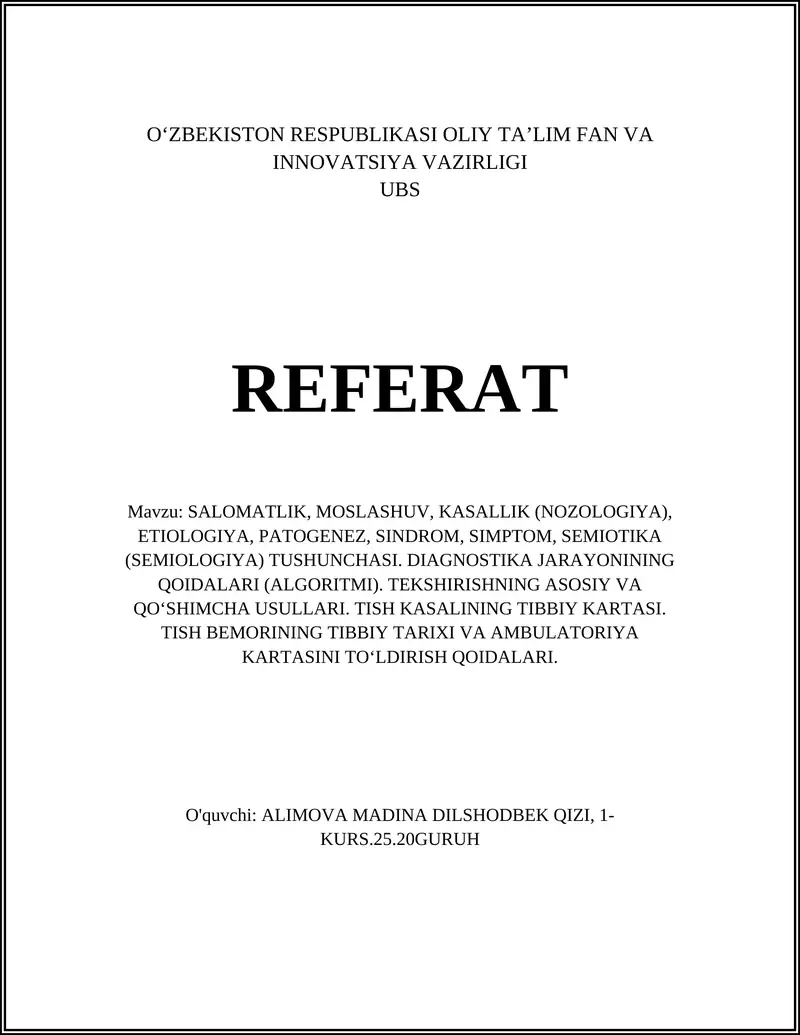 SALOMATLIK, MOSLASHUV, KASALLIK (NOZOLOGIYA), ETIOLOGIYA, PATOGENEZ ...