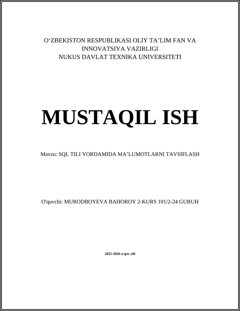 SQL TILI YORDAMIDA MAʼLUMOTLARNI TAVSIFLASH