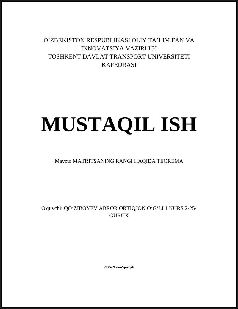 MATRITSANING RANGI HAQIDA TEOREMA