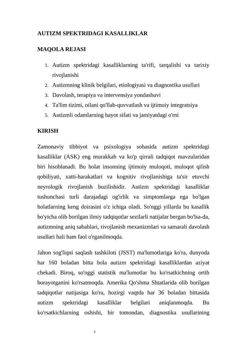AUTIZM SPEKTRIDAGI KASALLIKLAR