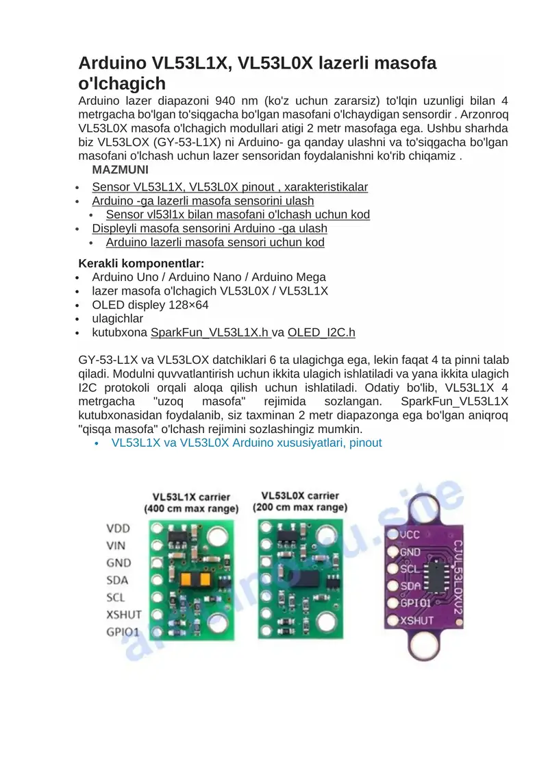 Arduino VL53L1X, VL53L0X lazerli masofa o'lchagich