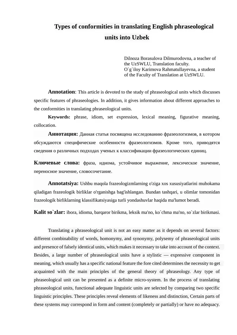 Types of conformities in translating English phraseological units into ...