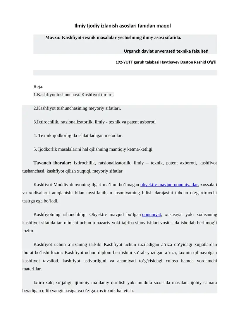 Kashfiyot-texnik masalalar yechishning ilmiy asosi sifatida