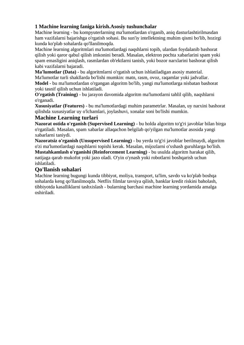 Machine learning faniga kirish.Asosiy tushunchalar