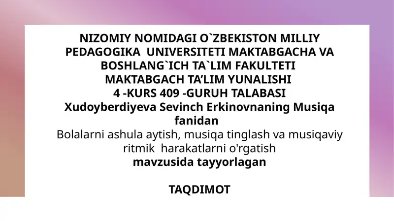 Bolalarni ashula aytish, musiqa tinglash va musiqaviy ritmik ...