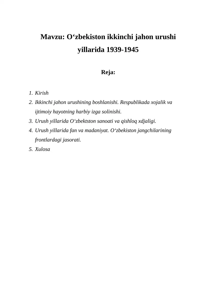 Oʻzbekiston ikkinchi jahon urushi yillarida 1939-1945