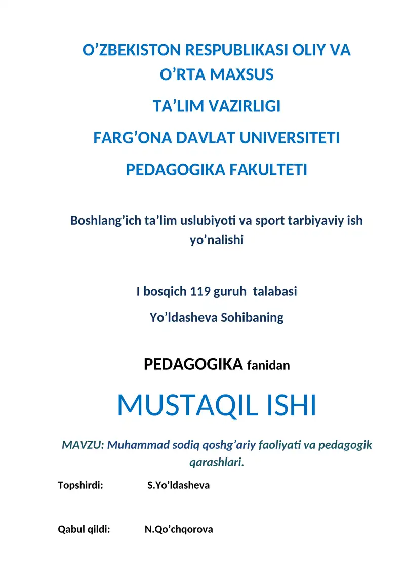 Muhammad Sodiq Qoshg’ariyning pedagogik qarashlari