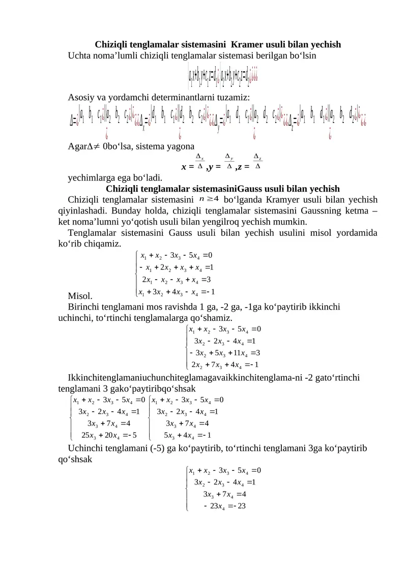 Chiziqli tenglamalar sistemasini Кramer usuli bilan yechish