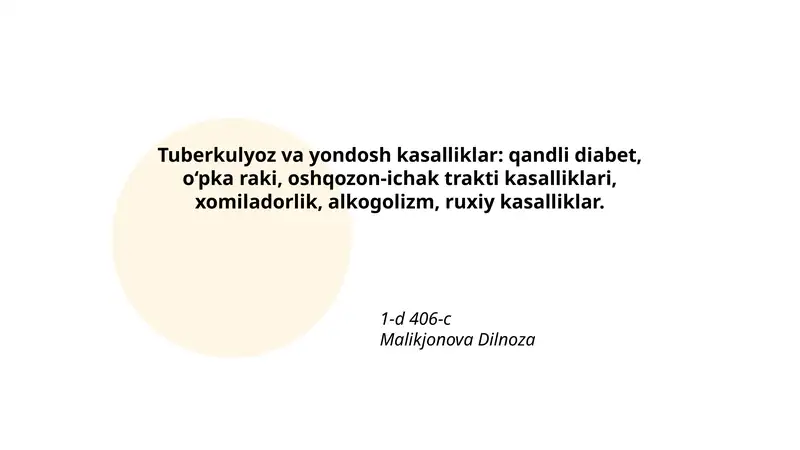 Tuberkulyoz va yondosh kasalliklar: qandli diabet, o‘pka raki, oshqozon ...